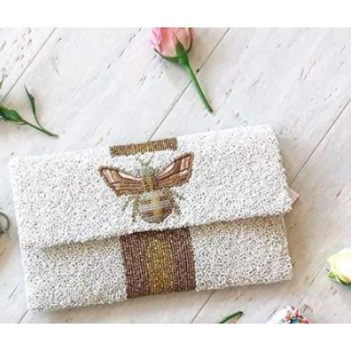 Moyna Beaded 3d Bee Clutch |White with Gold/ Bronze | The Vintage Bohemian